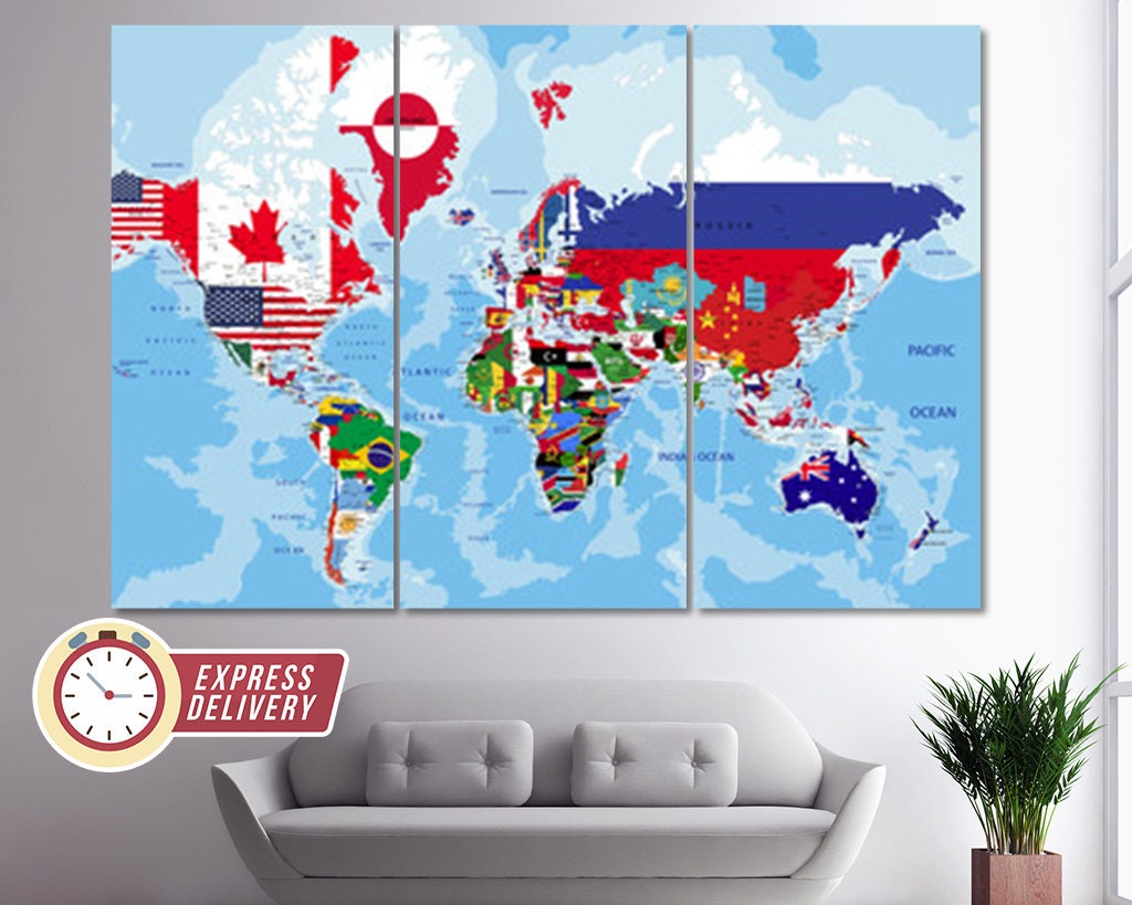 Modern Style World Map Made From Country Flags Canvas Print | Etsy