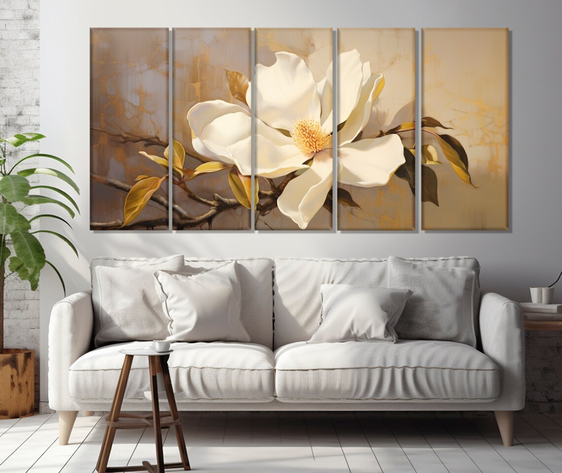 Abstract Magnolia Flower on a Golden Background Painting Printed on ...