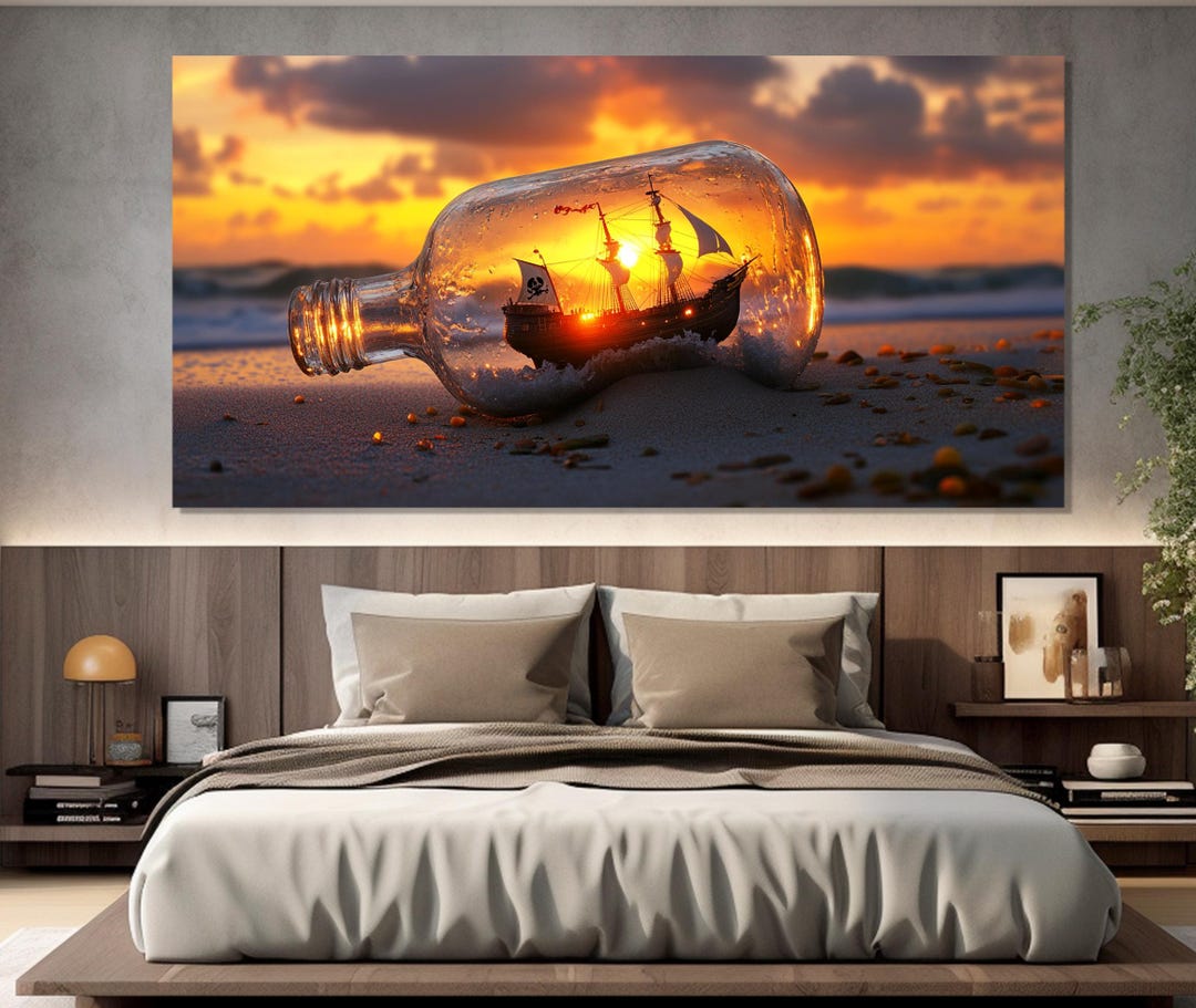 Abstract Nautical Wall Art, Pirate Ship Inside the Bottle Canvas Print ...