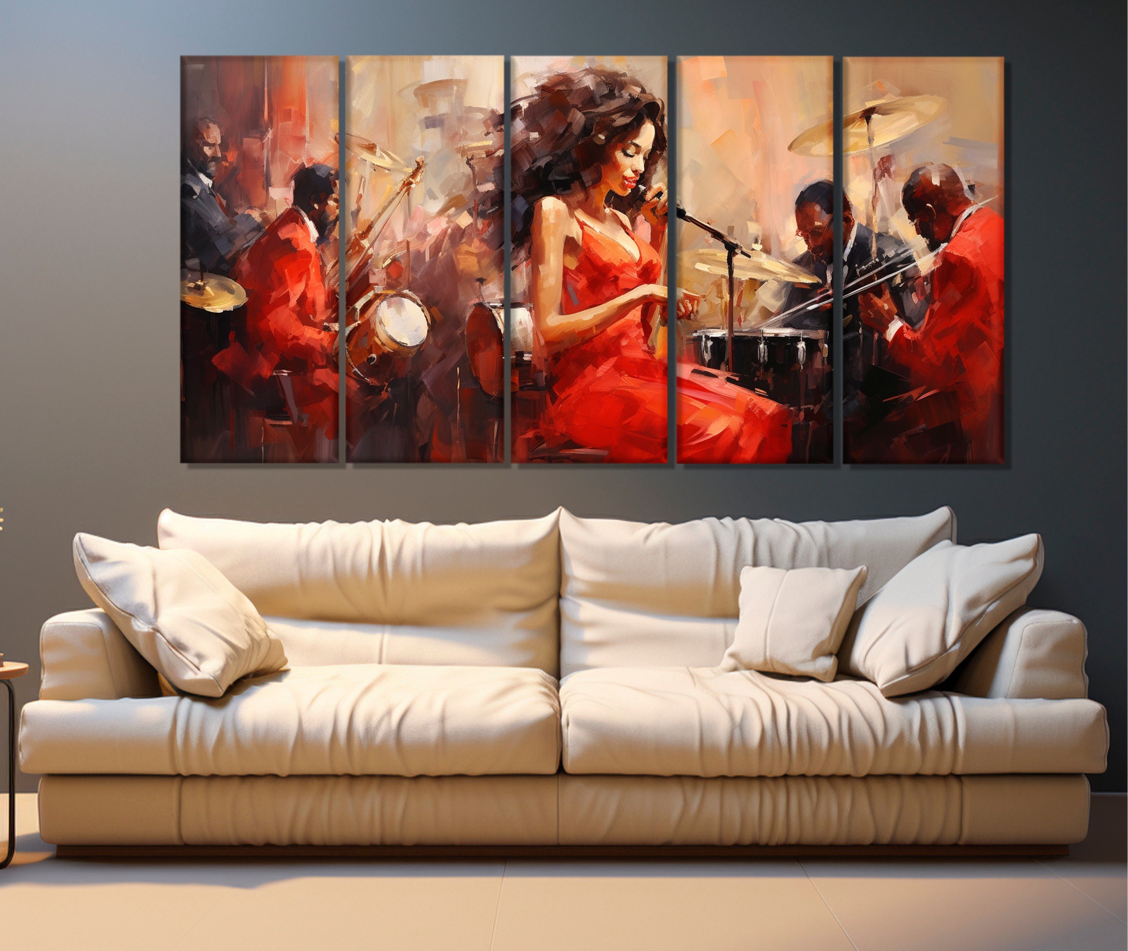 Jazz Wall Art, Singer in Red Dress With Jazz Band Painting Printed on ...