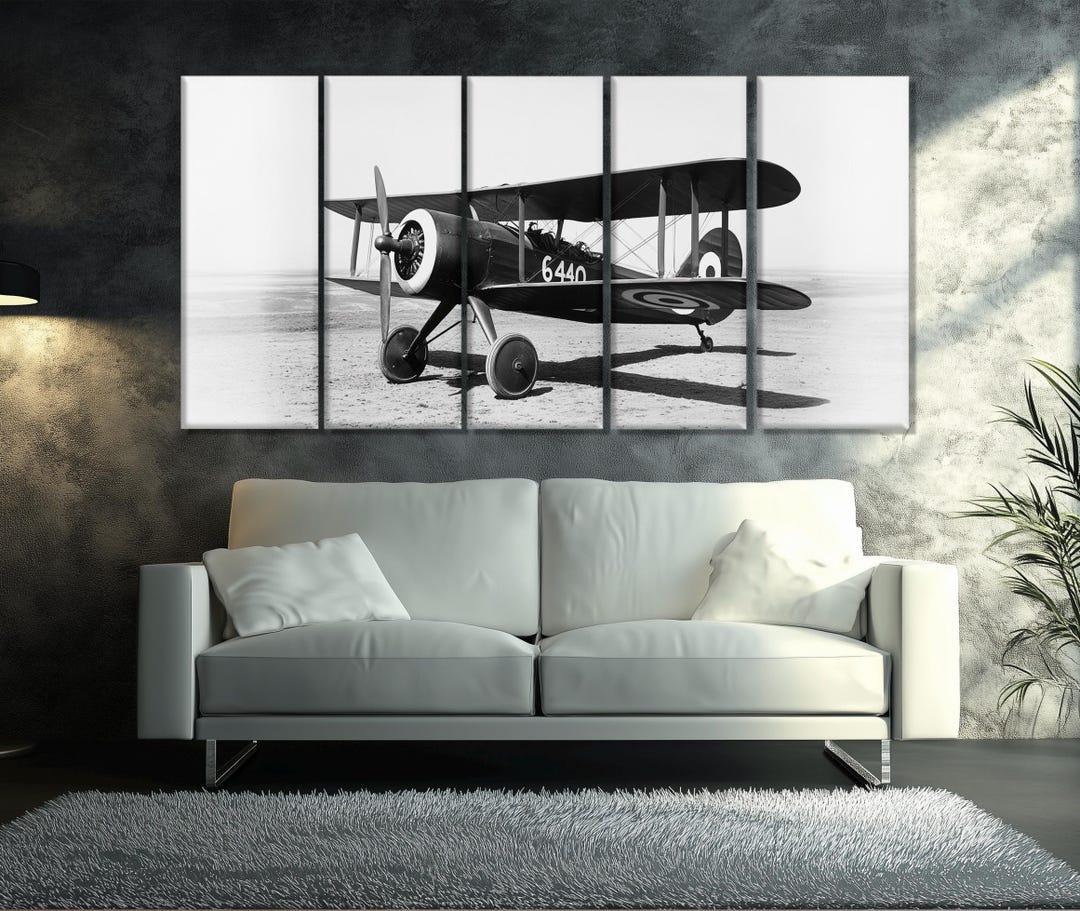 Vintage Biplane Canvas Print, Black and White Retro Plane Poster, Pilot ...