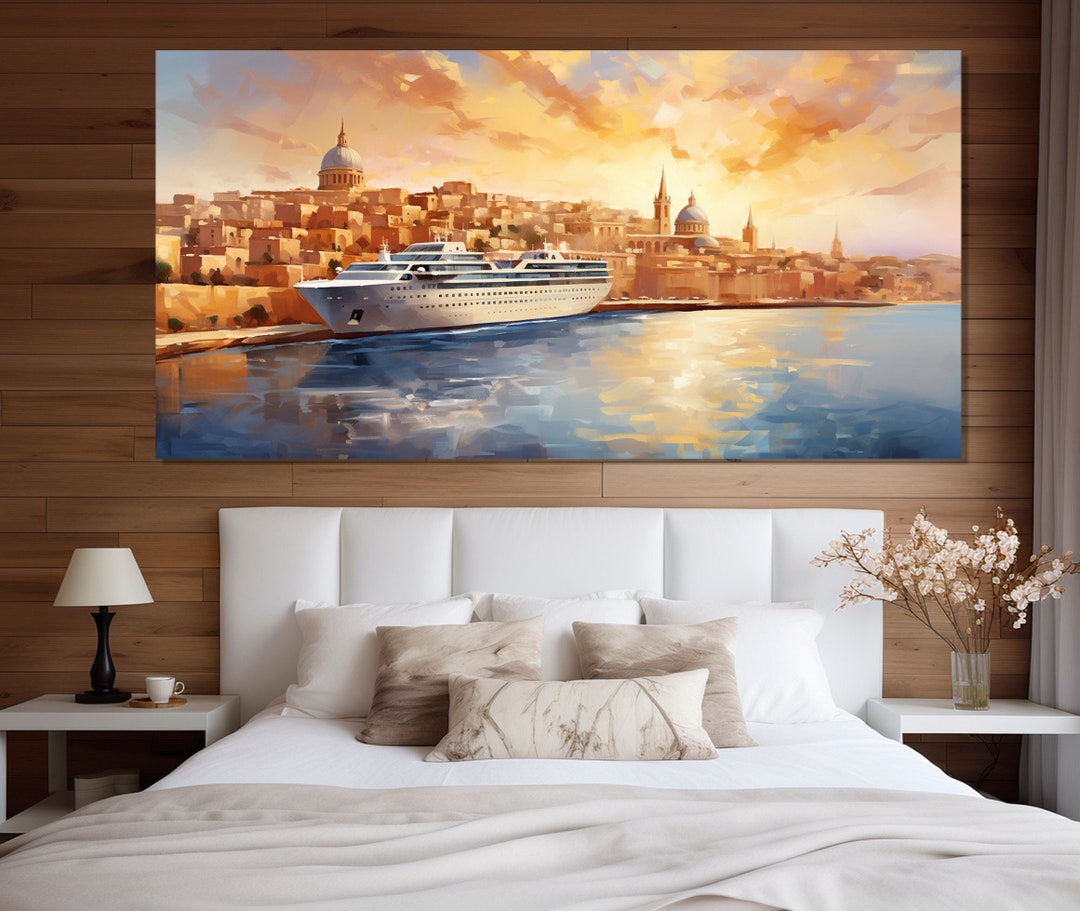 Cruise Ship in the Port of Valletta Painting Printed on Canvas, Malta ...