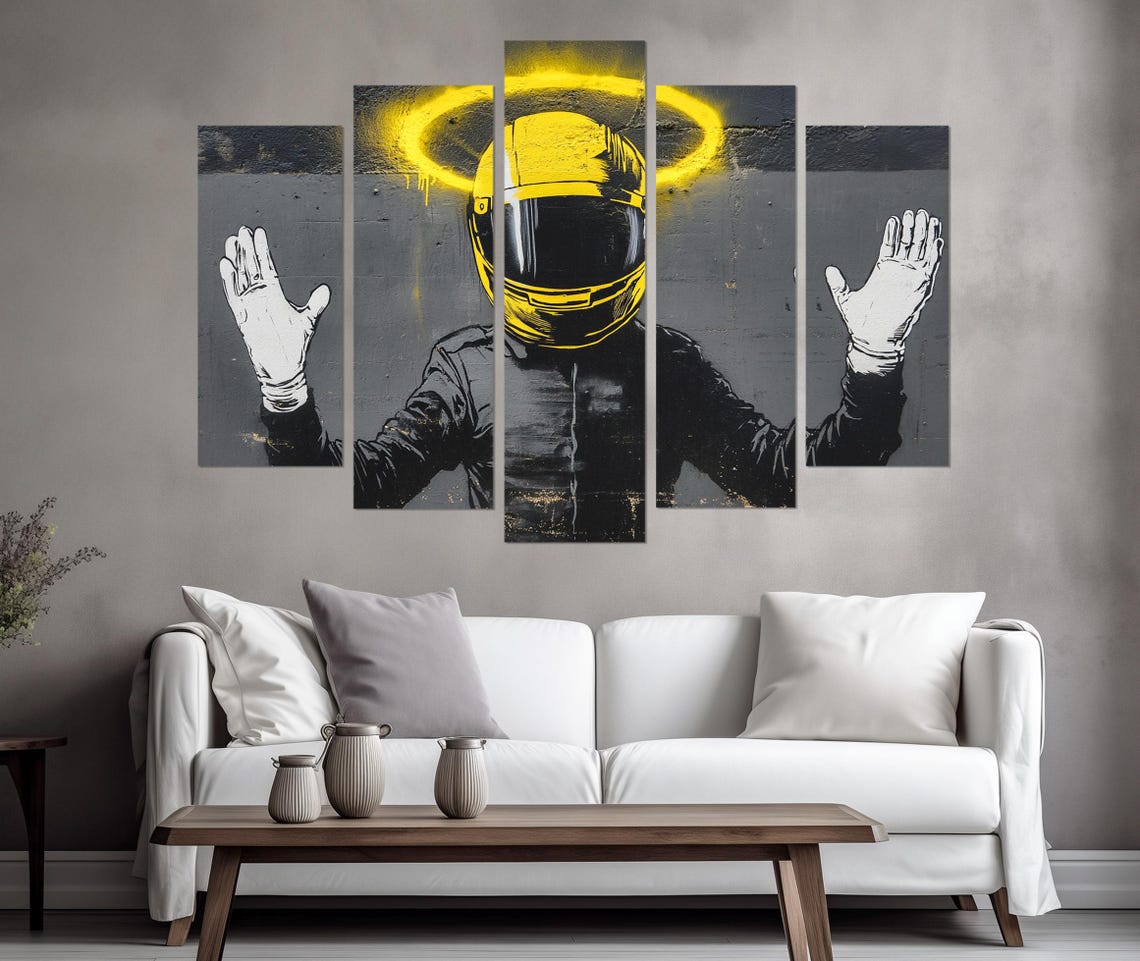 Abstract Biker in Yellow Helmet Graffiti Canvas Print, Motorcyclist ...