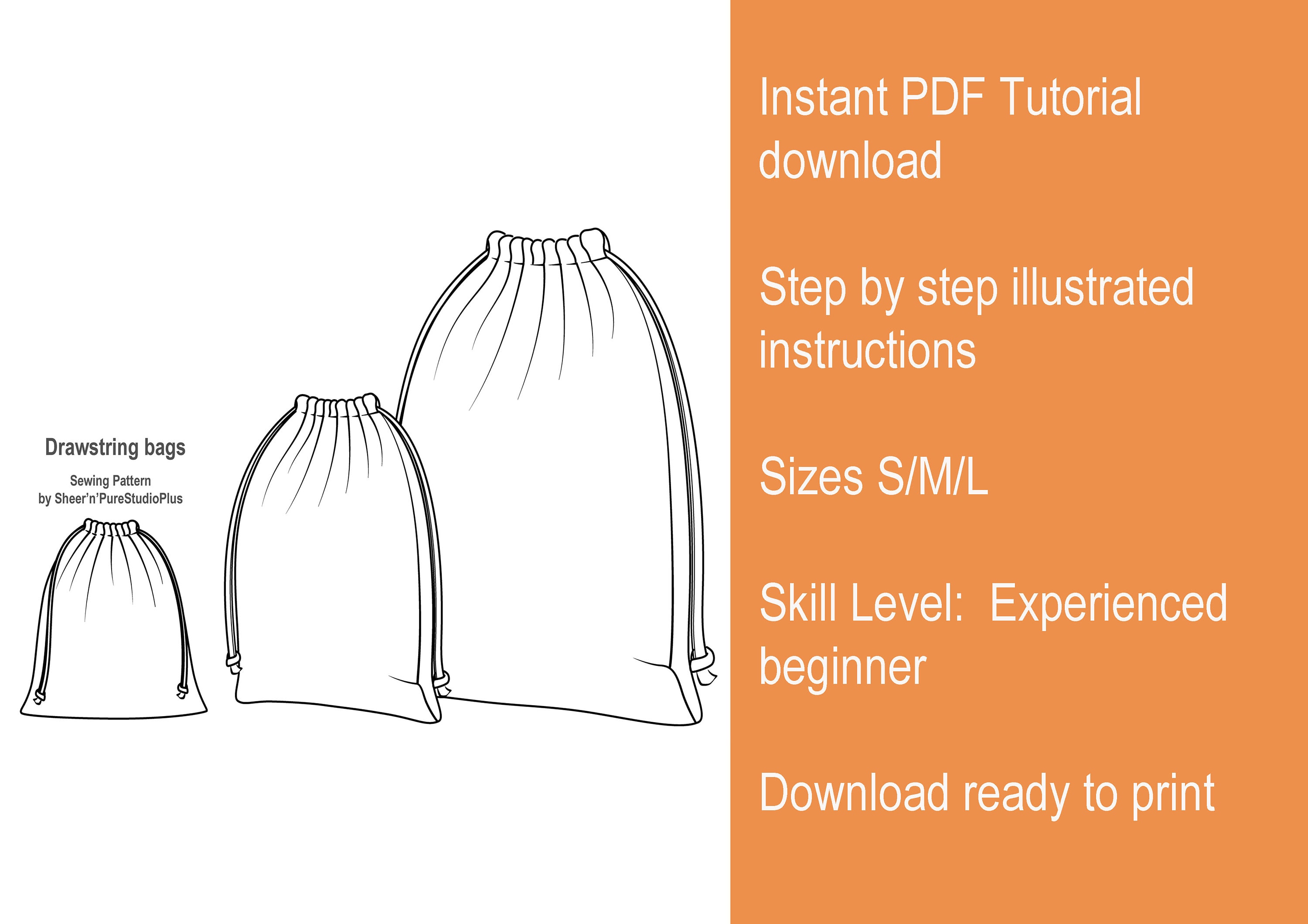 Set of 3 Drawstring Bags, PDF Sewing Pattern, Gift Bag, Storage Bag ...