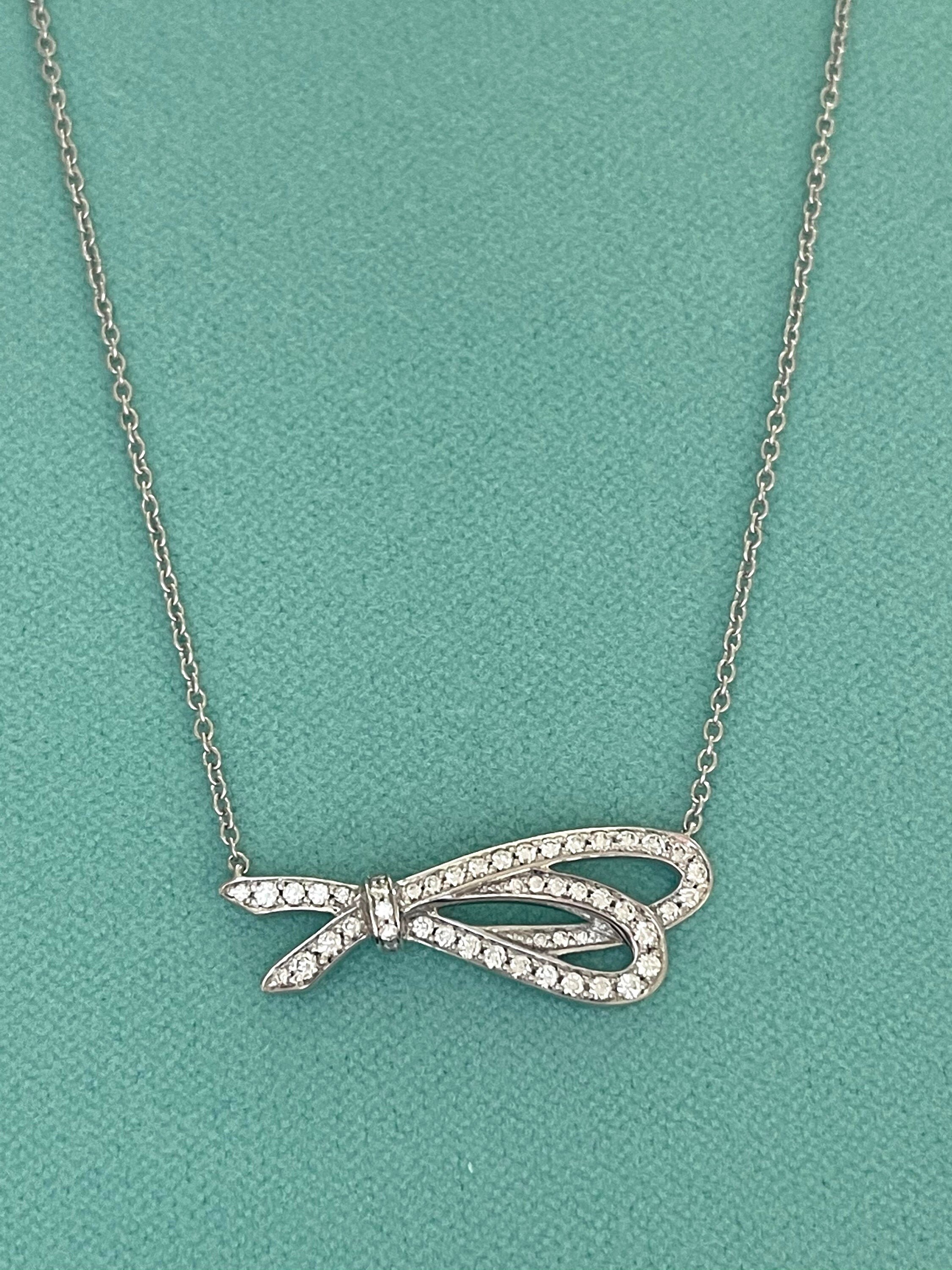 Tiffany Co 18K White Gold Diamond Abstract Bow Pendant Chain Necklace Etsy