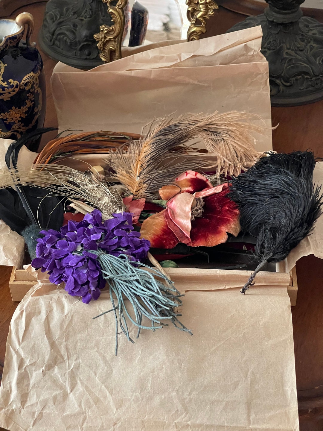 Box of Feathers and Vintage Old Fabric Flowers for Hats. Feathers for ...