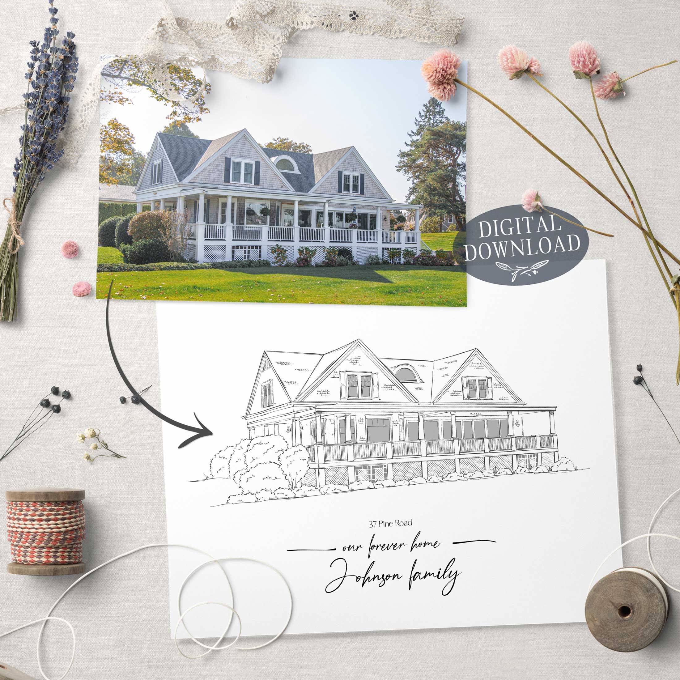 House Portrait Drawing, Personalized House Illustration, Custom ...