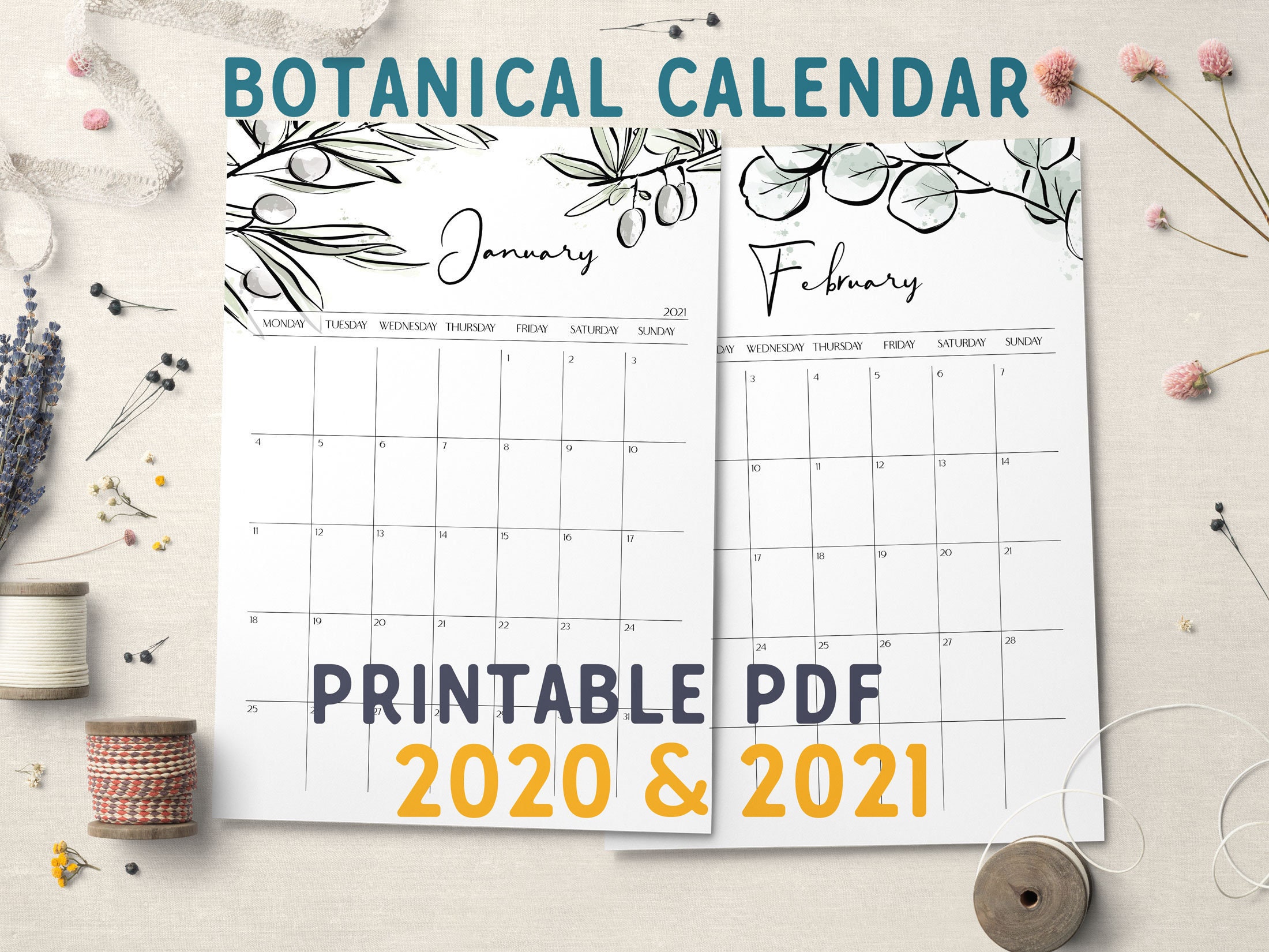 Botanical Themed 2020 & 2021 Printable Calendar PDF Digital | Etsy