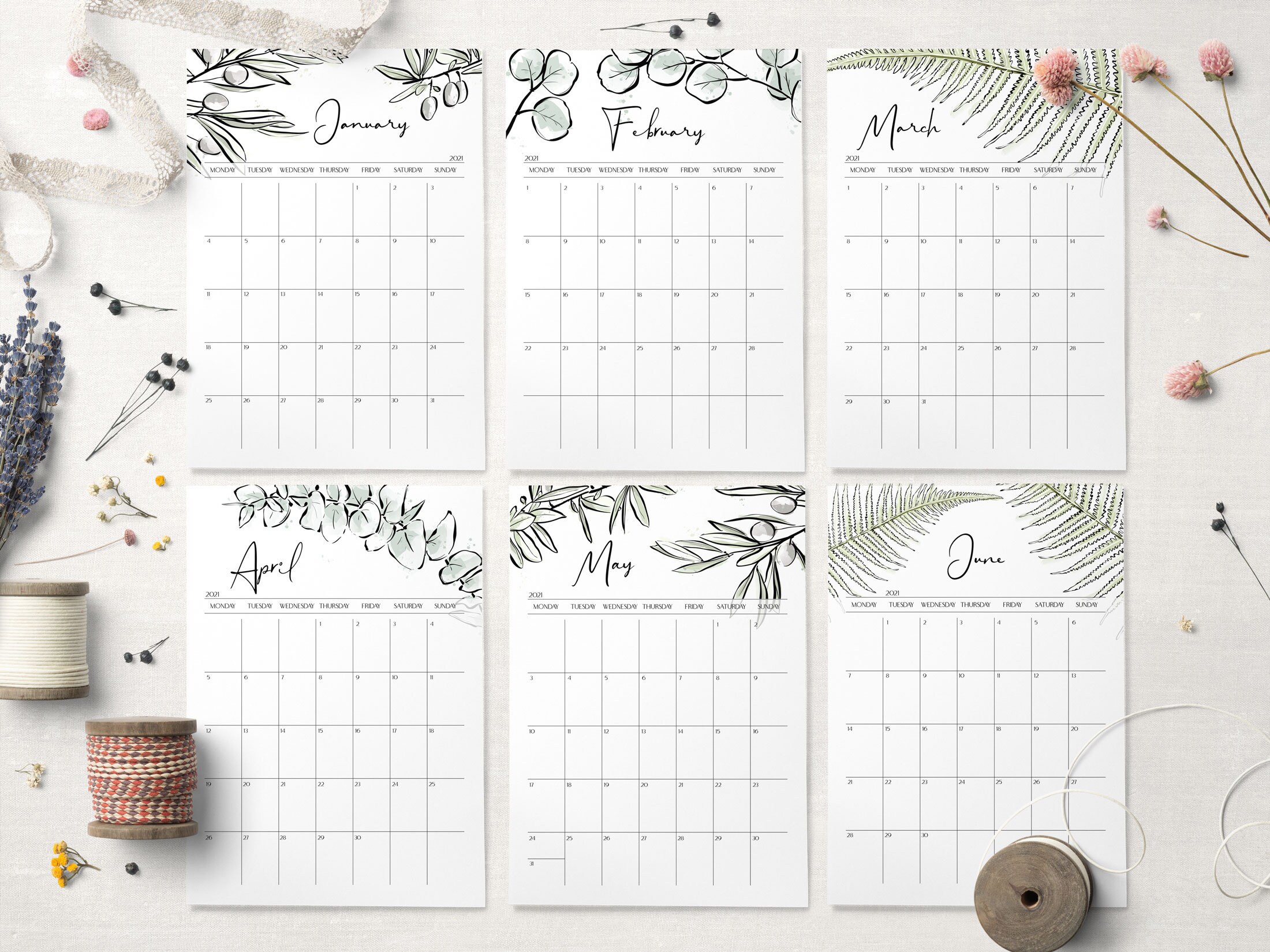 Botanical Themed 2020 & 2021 Printable Calendar PDF Digital | Etsy