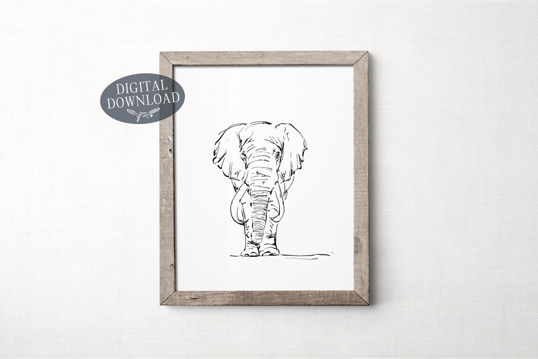 Black and White Elephant Print, Printable Wall Art, Line Art, Animal ...