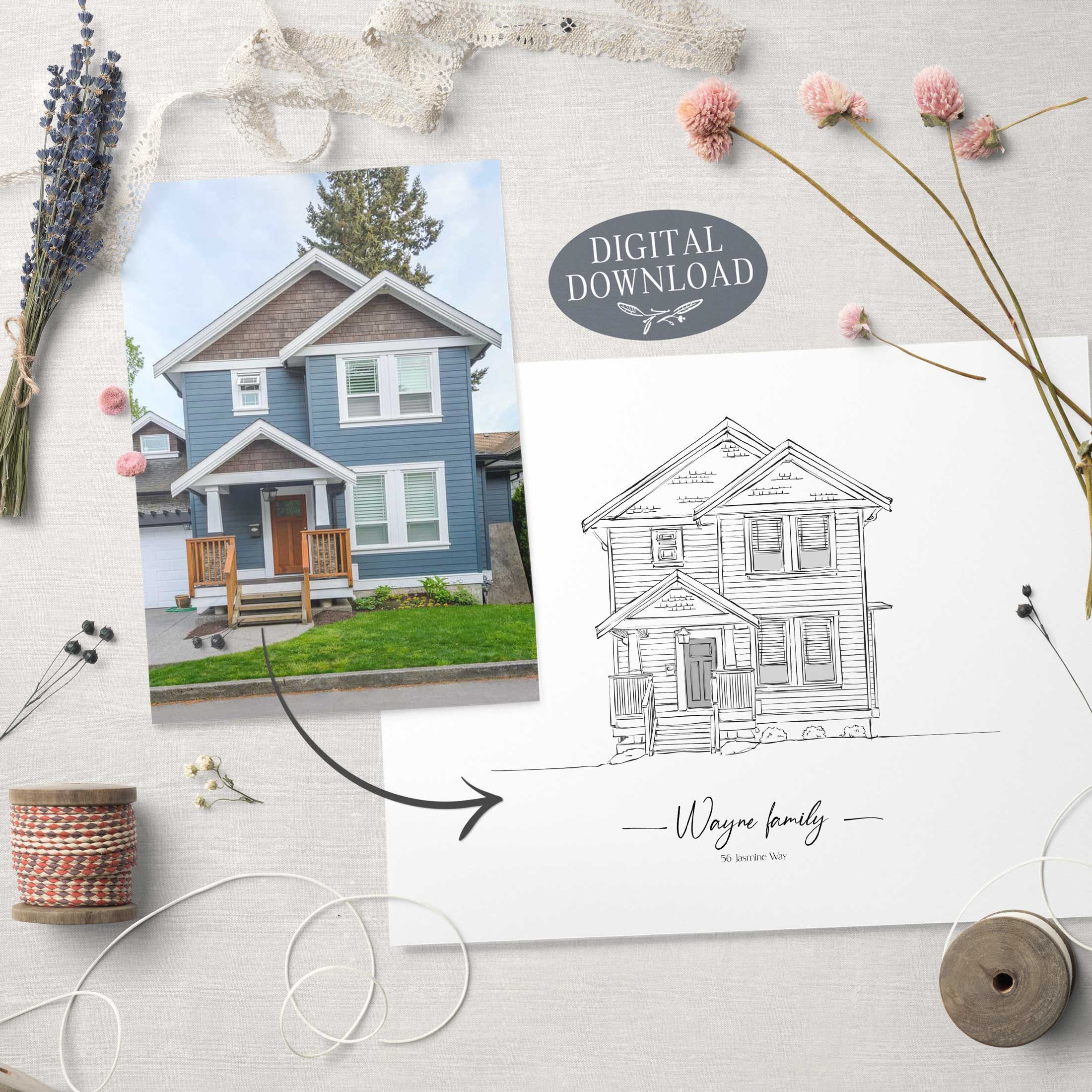 House Portrait Drawing, Personalized House Illustration, Custom ...