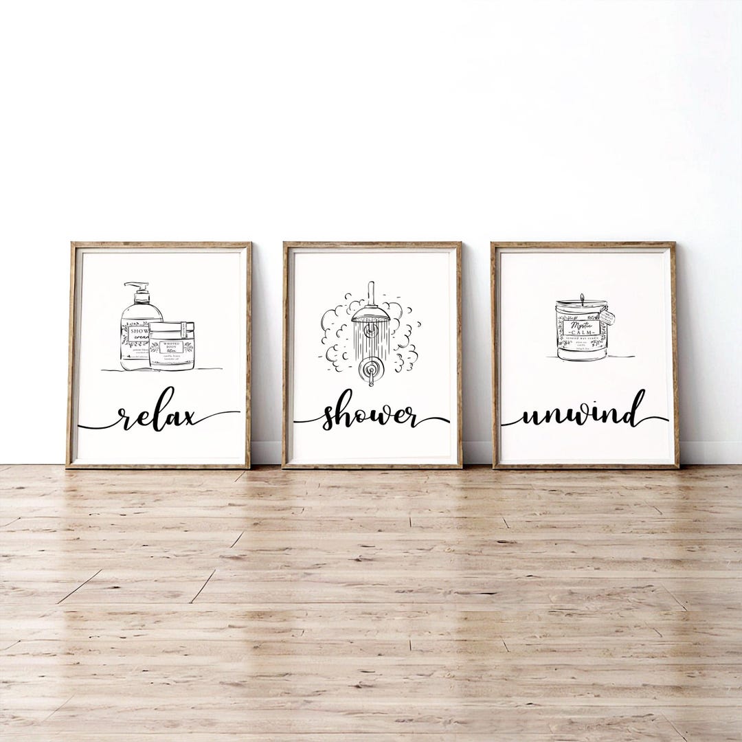 Relax Shower Unwind Printable Bathroom Wall Art, Set of 3 Prints, Black ...