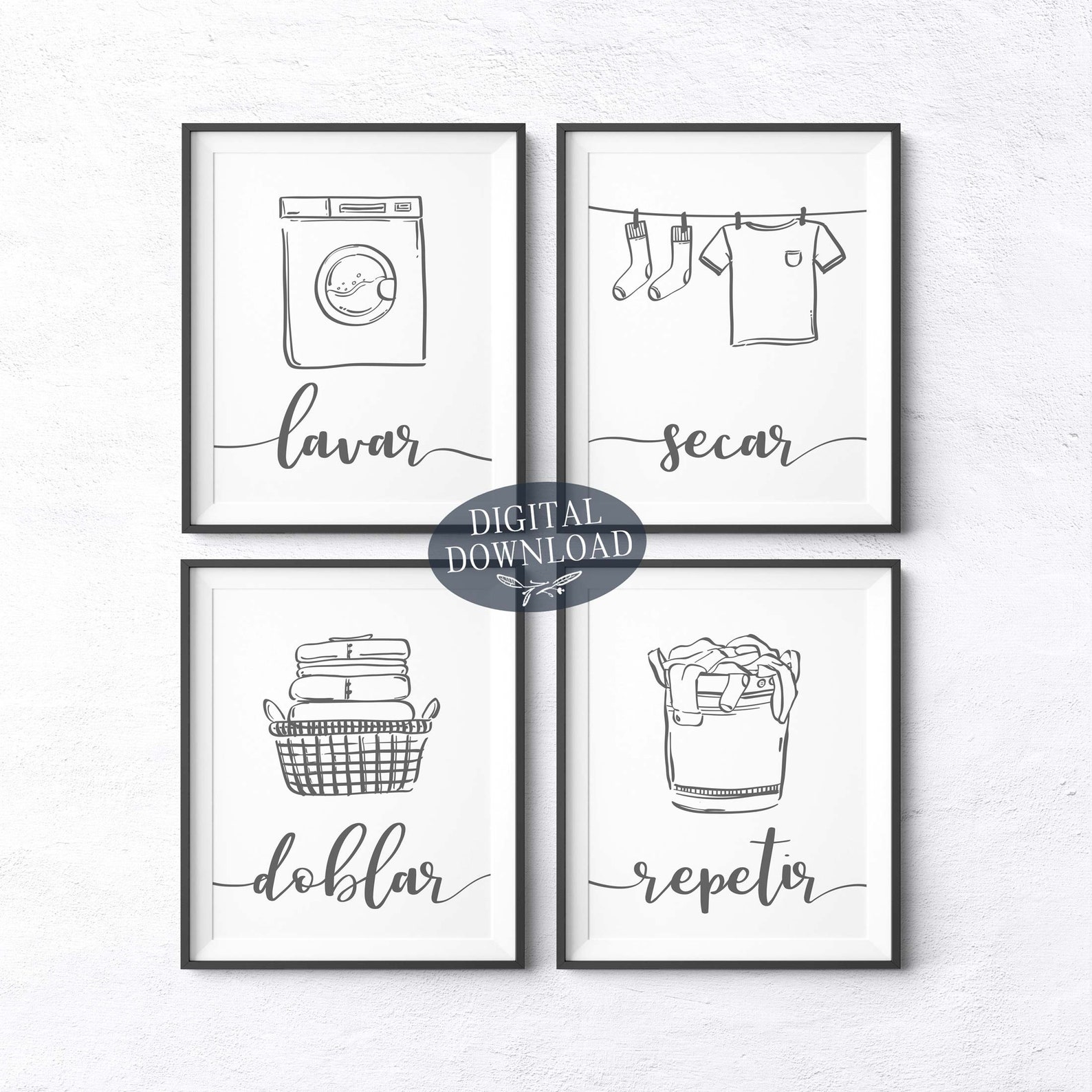GREY Laundry Room Decor, Wash Dry Fold Repeat in Spanish, Lavar Secar ...