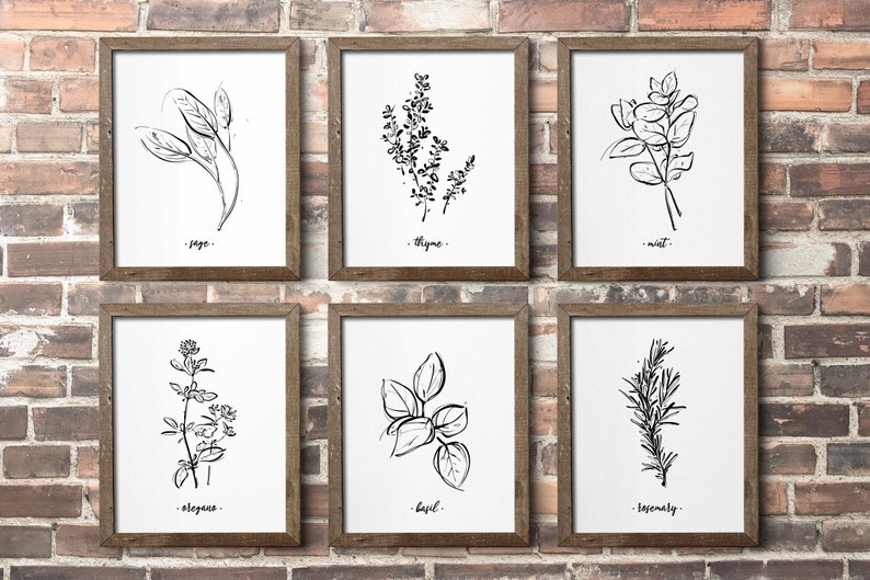 Botanical Print Set Printable Kitchen Wall Art Set of 6 | Etsy