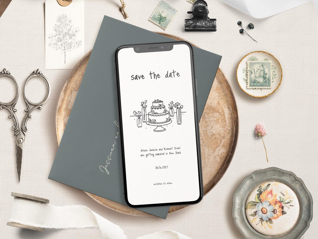 Save the Date Template, Hand Drawn Line Art Evite, Boho Doodle Digital ...
