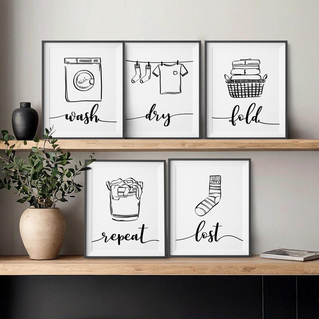 Laundry Room Decor, Wash Dry Fold Repeat Lost Printable Wall Art, Set ...
