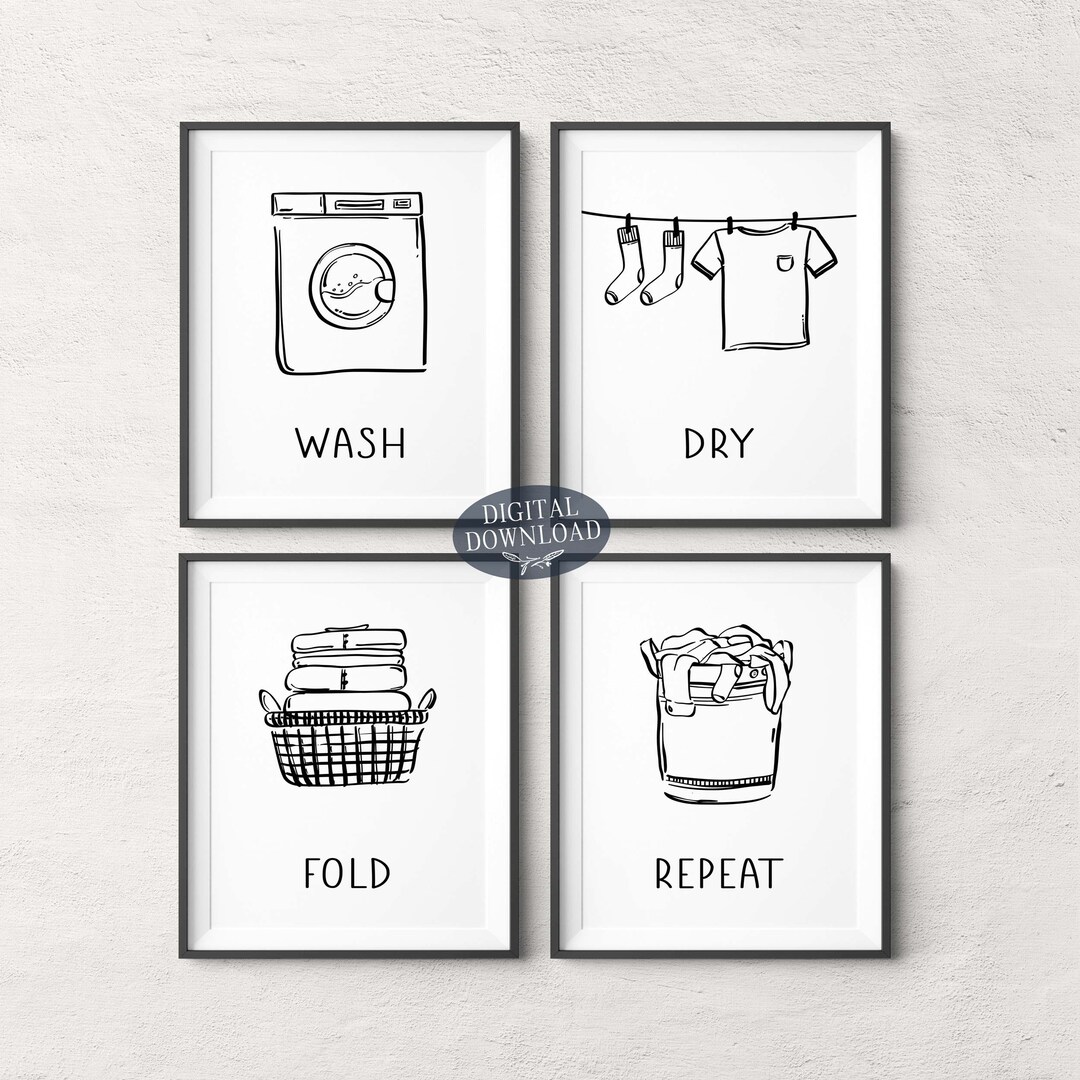 Laundry Room Decor, Wash Dry Fold Repeat, Black and White Line Art ...