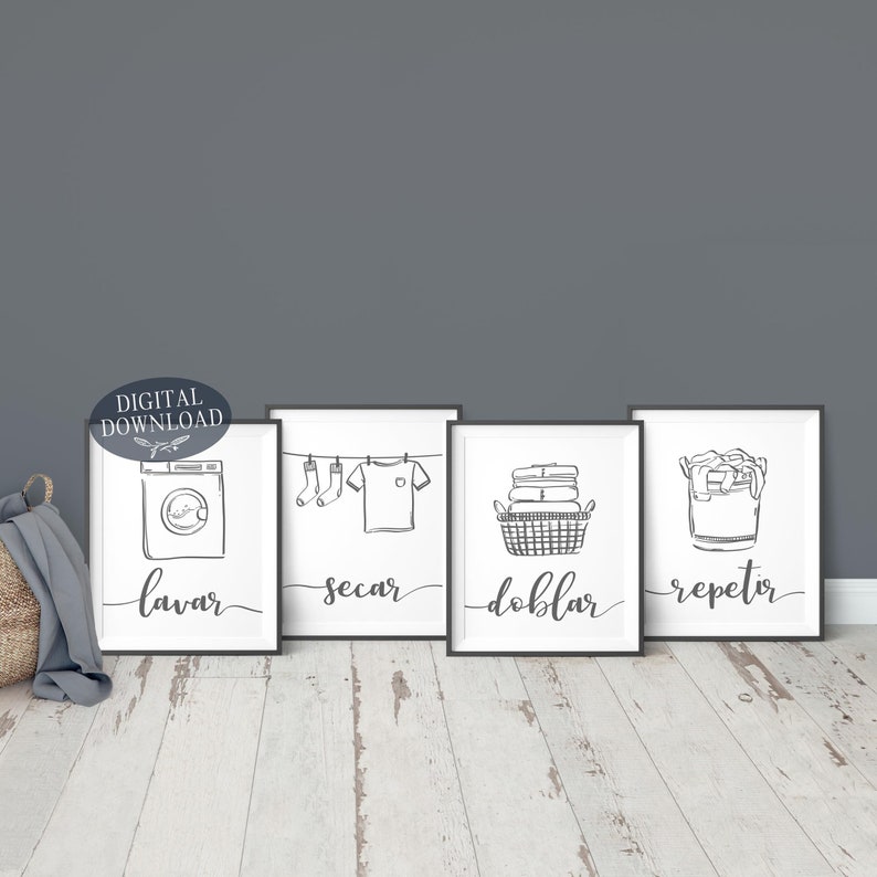GREY Laundry Room Decor, Wash Dry Fold Repeat in Spanish, Lavar Secar ...
