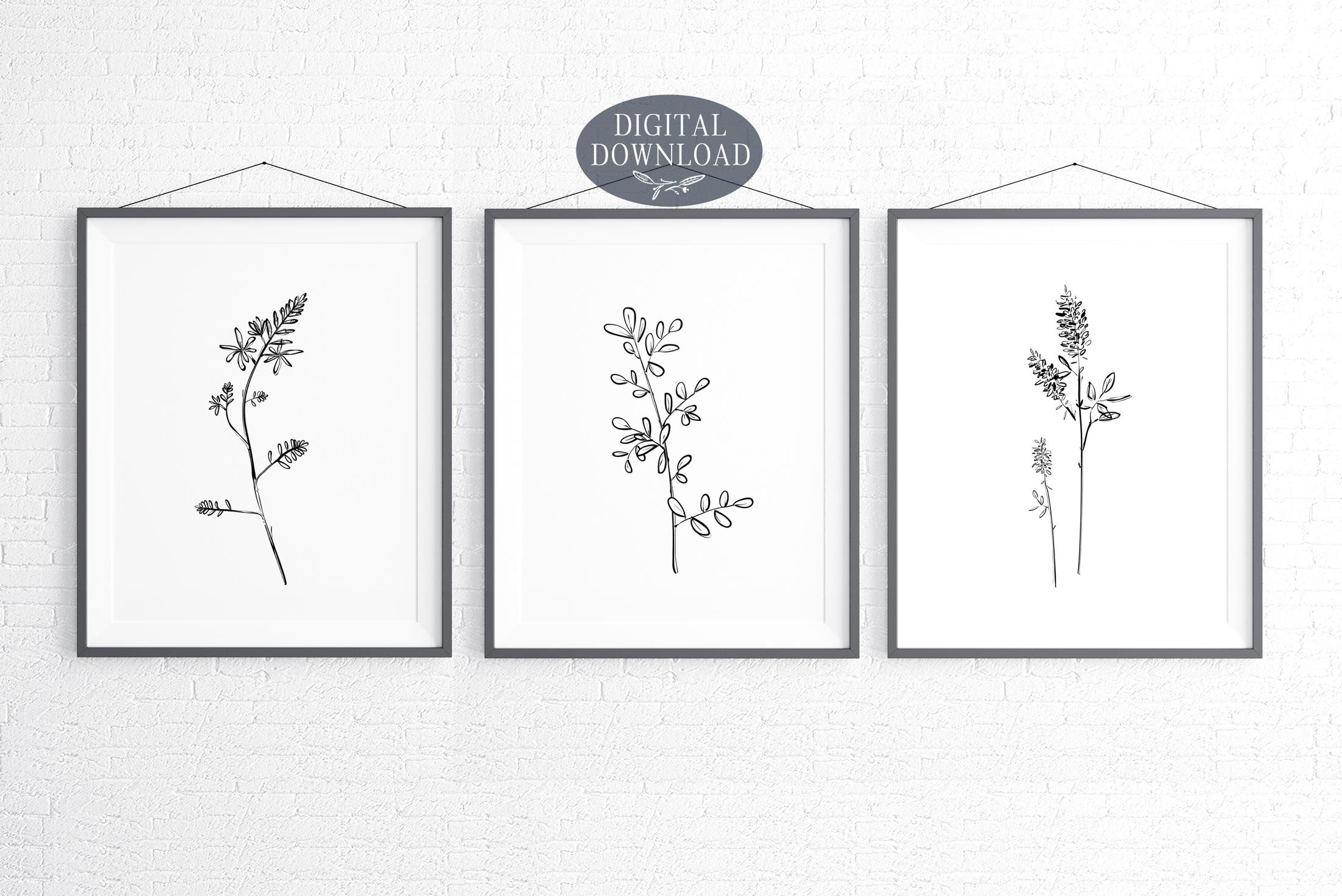 Black and White Botanical Print Set, Printable Wall Art, Set of 3 ...