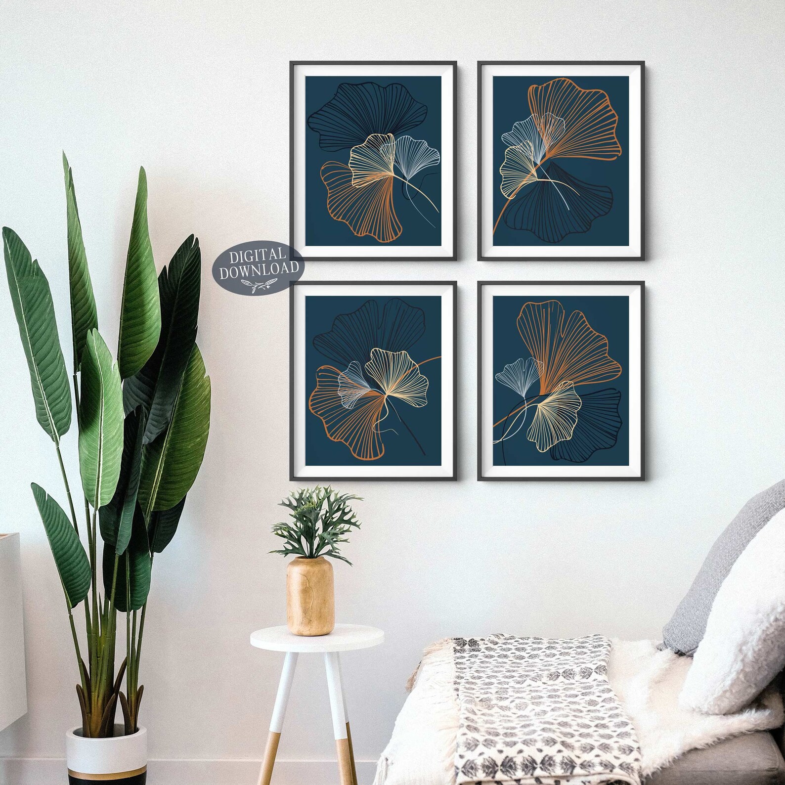 Navy Blue & Gold Botanical Leaf Print Set Printable Wall Art - Etsy