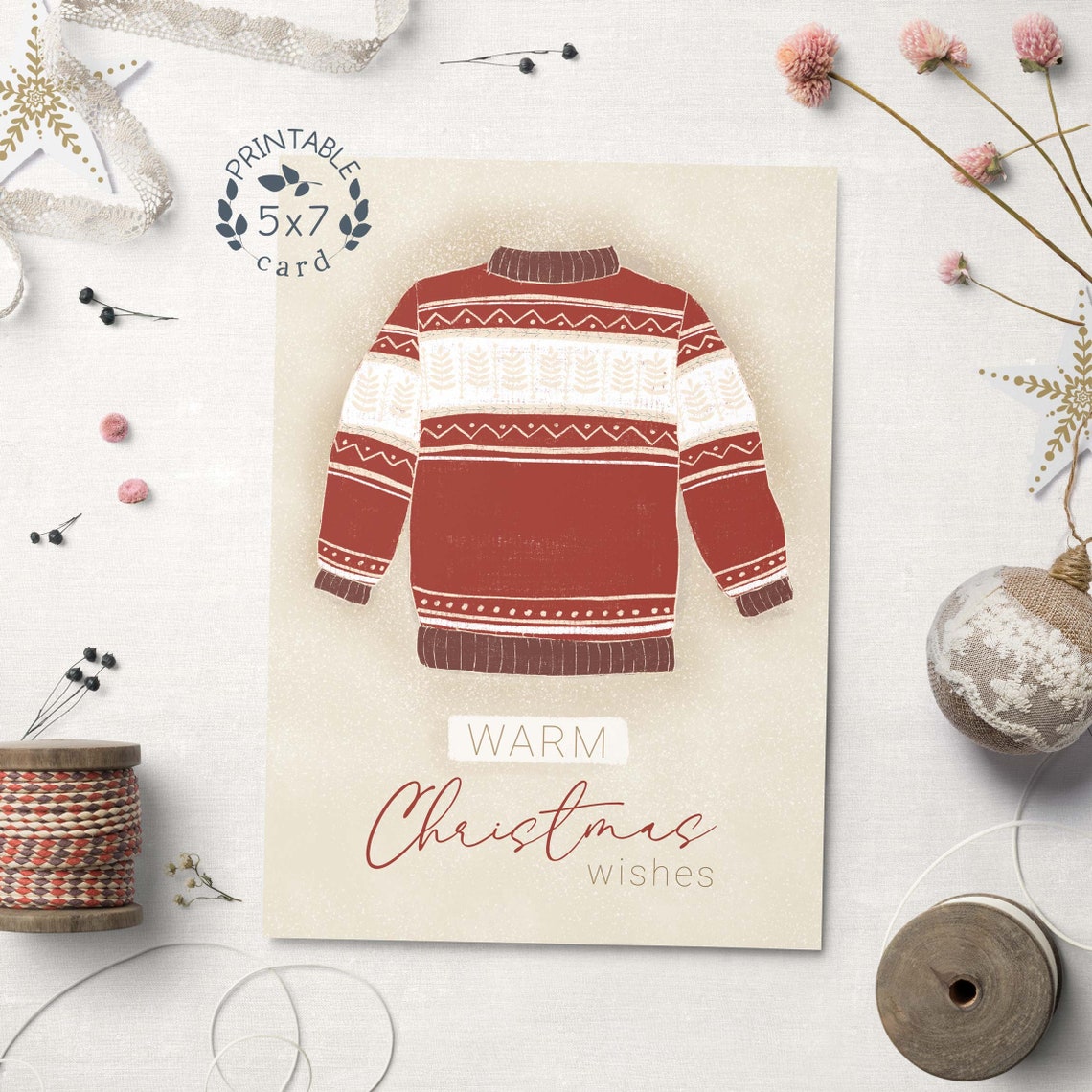 Printable Christmas Card, Warm Christmas Wishes Sweater Weather Card ...