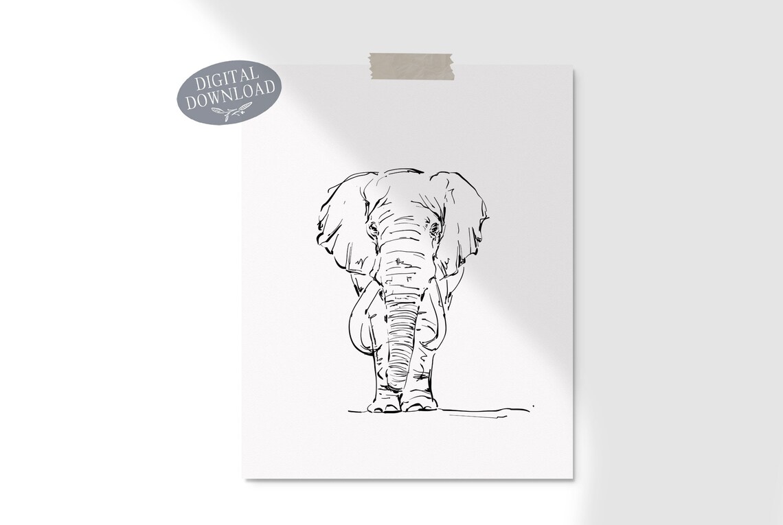 Black and White Elephant Print Printable Wall Art Line Art - Etsy