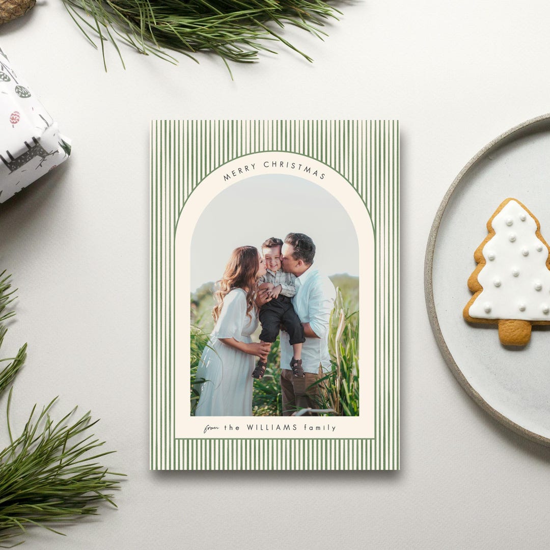 Christmas Card Template With Watercolor Stripes, Elegant Family ...
