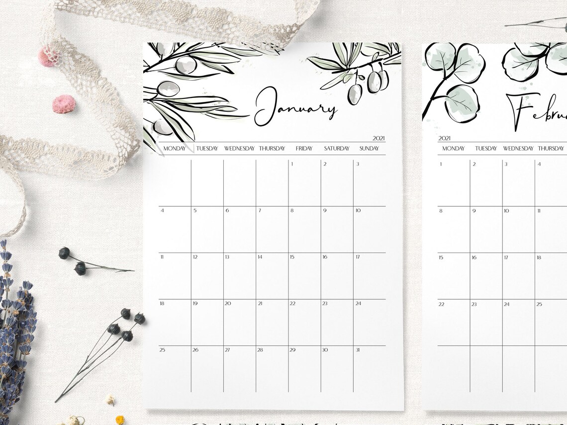 Botanical Themed 2020 & 2021 Printable Calendar PDF Digital | Etsy