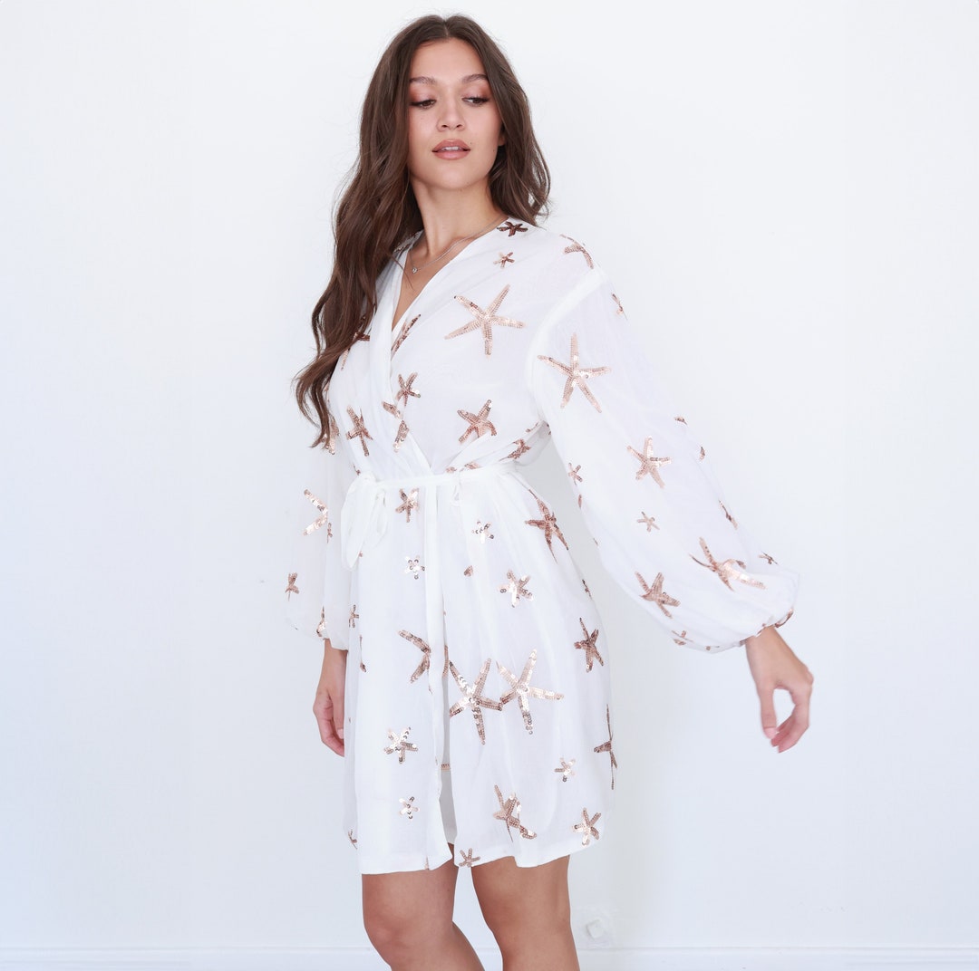 Sequin Starfish White Bridal Robe Beach Bachelorette Party Robes ...