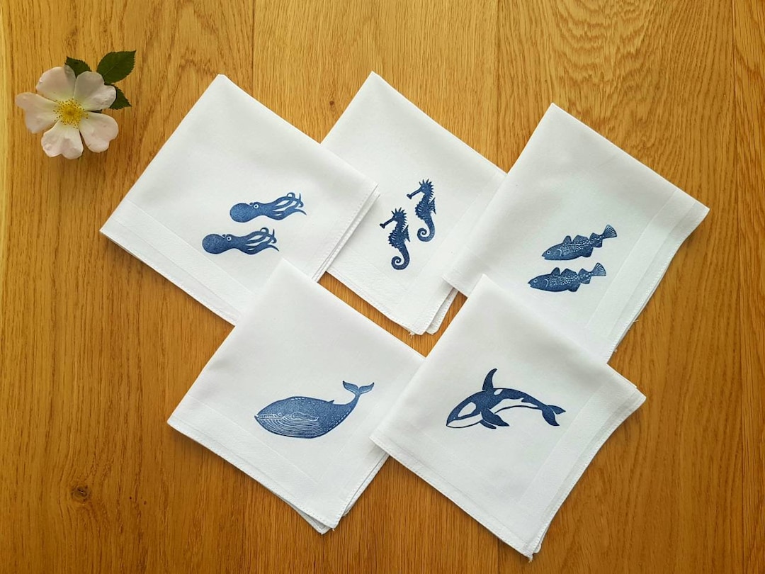 UNDERWATER - 5 Cotton Handkerchiefs, Nautical, Printed With Whale ...