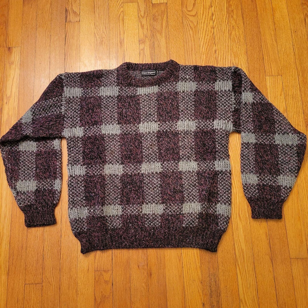 Peter England Gray Maroon Plaid Sweater Wool Blend L Crew Neck ...
