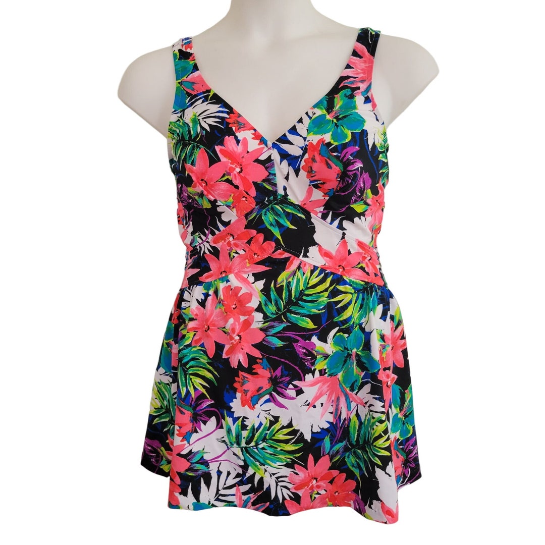 Maxine Hollywood Vintage 16 Bathing Suit 1 Pc Swim Tropical Pink Purple