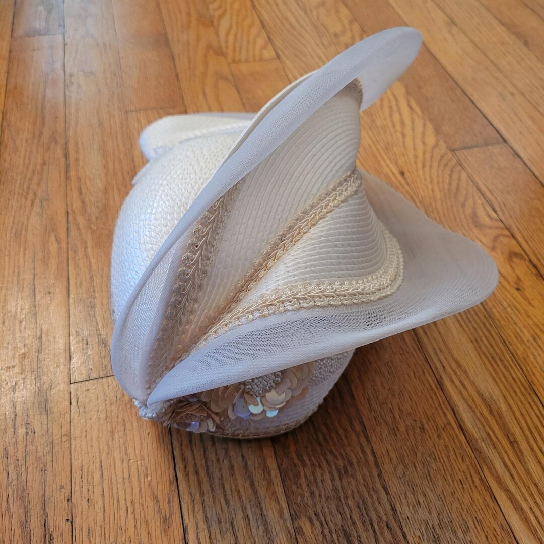 Deborah NY Ivory Hat Beaded Floral Embellished Formal Derby Decor 60s ...
