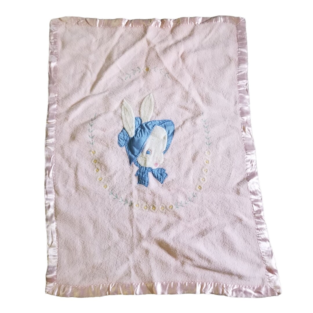 Pink Bunny Rabbit Baby Blanket Satin Trim Vintage Gift Applique Quilt ...