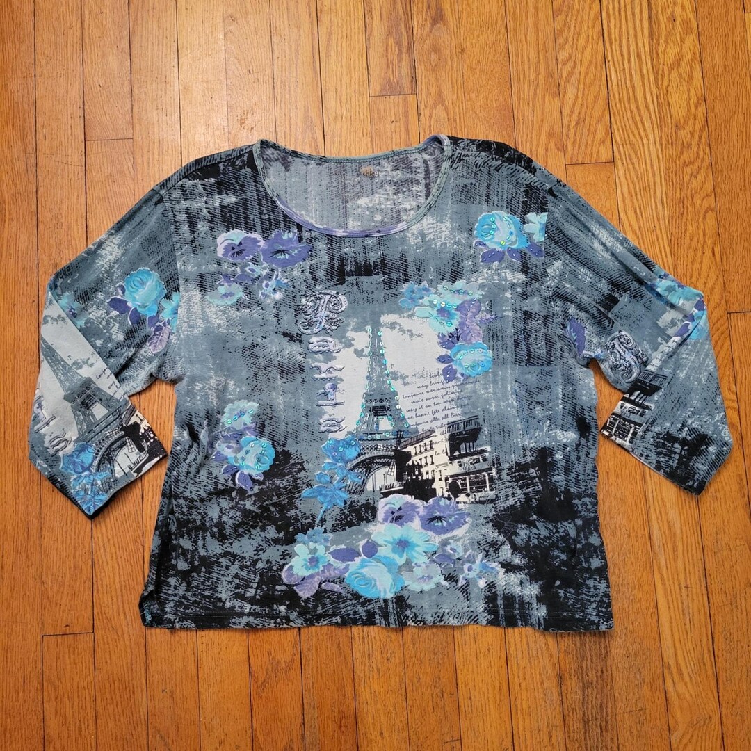 Jane Ashley Paris Eiffel Tower Floral Sequin Long Sleeve Top XL Blue ...