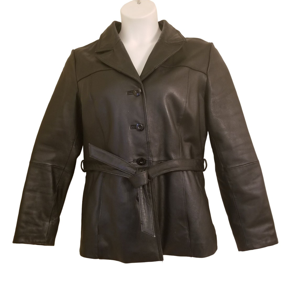 Wilsons L Leather Maxima Belted Jacket Black Dress Coat Pockets Vintage ...