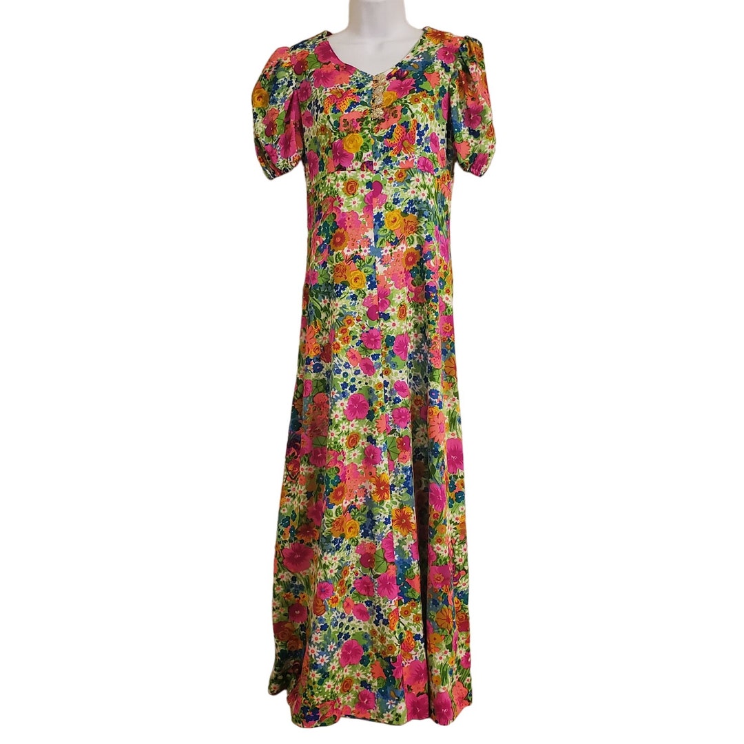 Vintage Maxi Dress Bright Floral Print V Neck Long Modest Cosplay ...