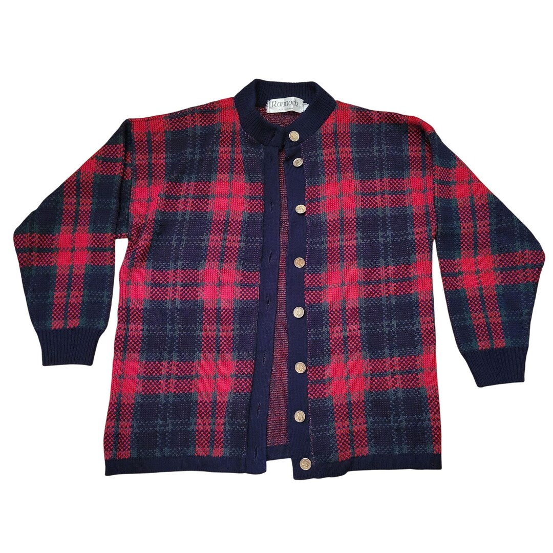 Vintage Rannoch Tartan Plaid Cardigan Sweater S Red Navy Acrylic ...