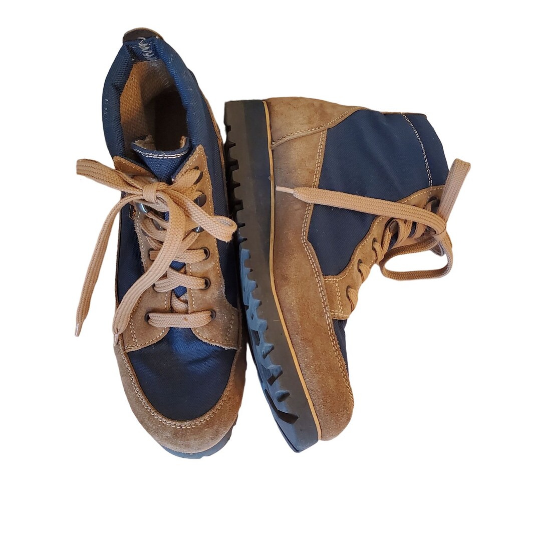 Vibram 8 Made in Italy Blue Canvas Brown Cowhide 2 Tone Chunky Platform ...