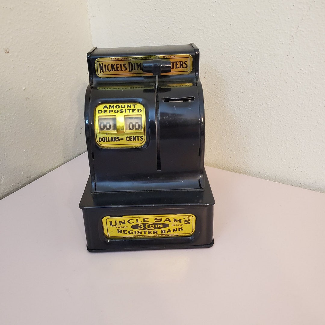 Uncle Sams 3 Coin Register Bank Counter Vintage Black Gold Metal WORKS ...
