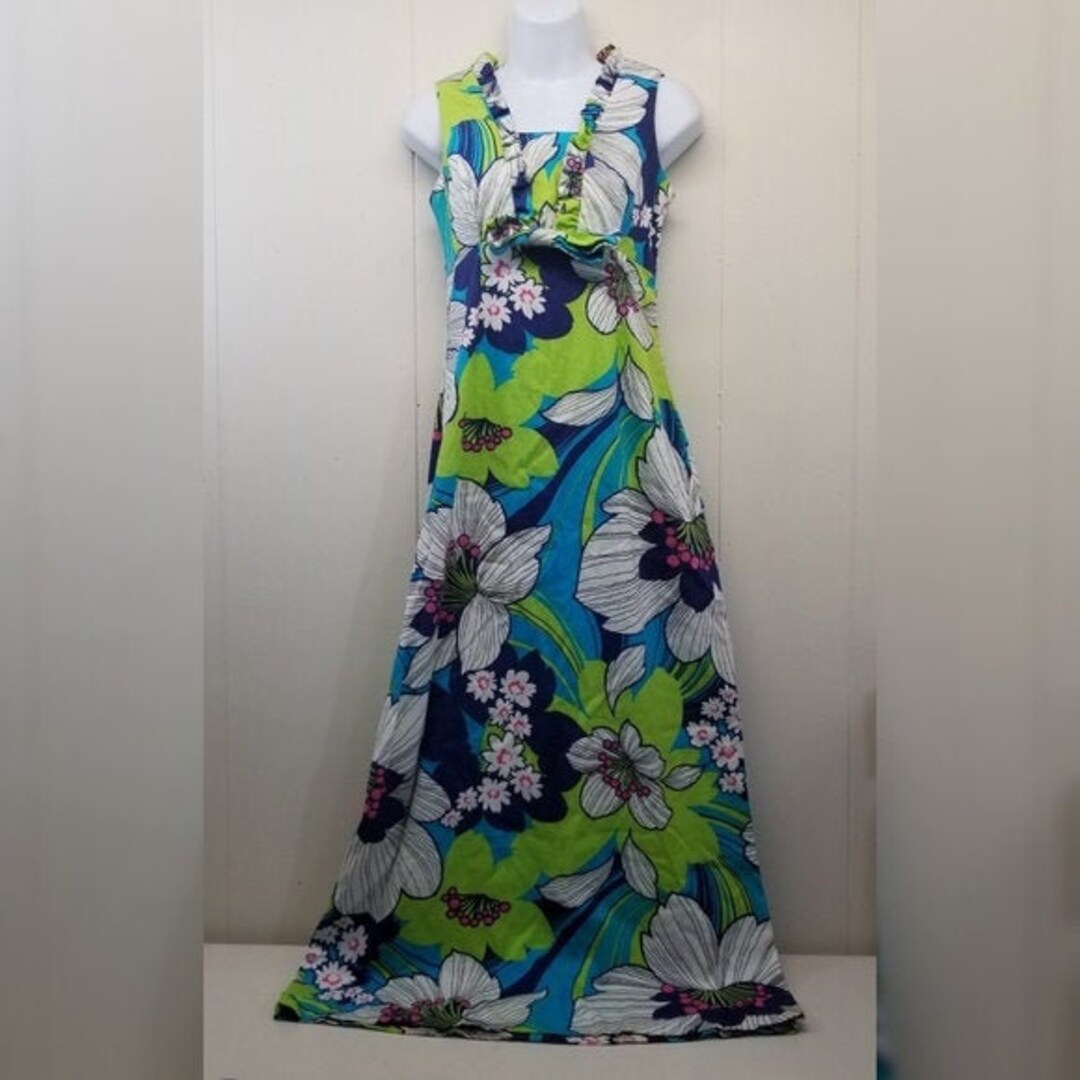 Aloha Hawaiian Dress SMALL Green Blue Tropical Floral Maxi - Etsy