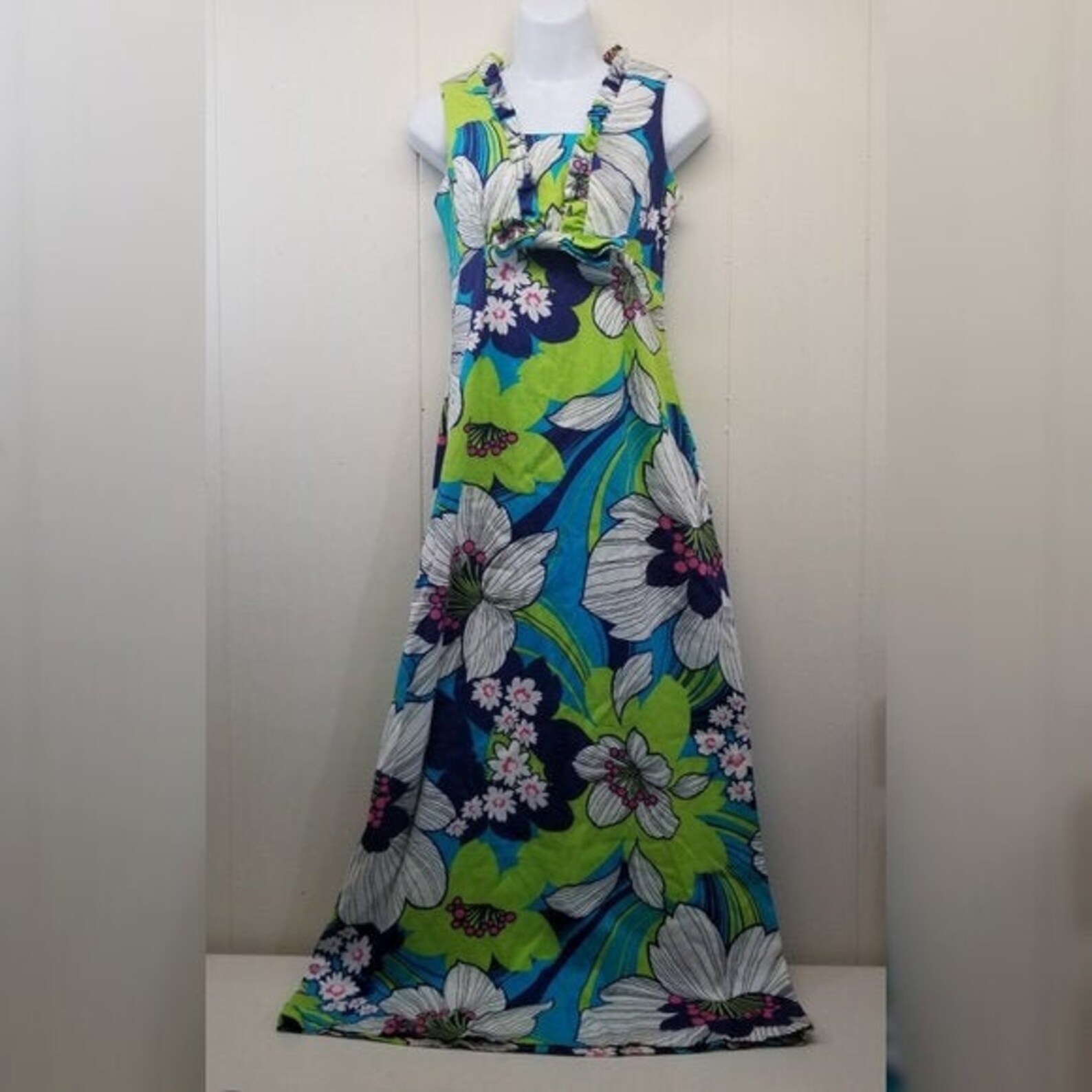 Aloha Hawaiian Dress SMALL Green Blue Tropical Floral Maxi | Etsy