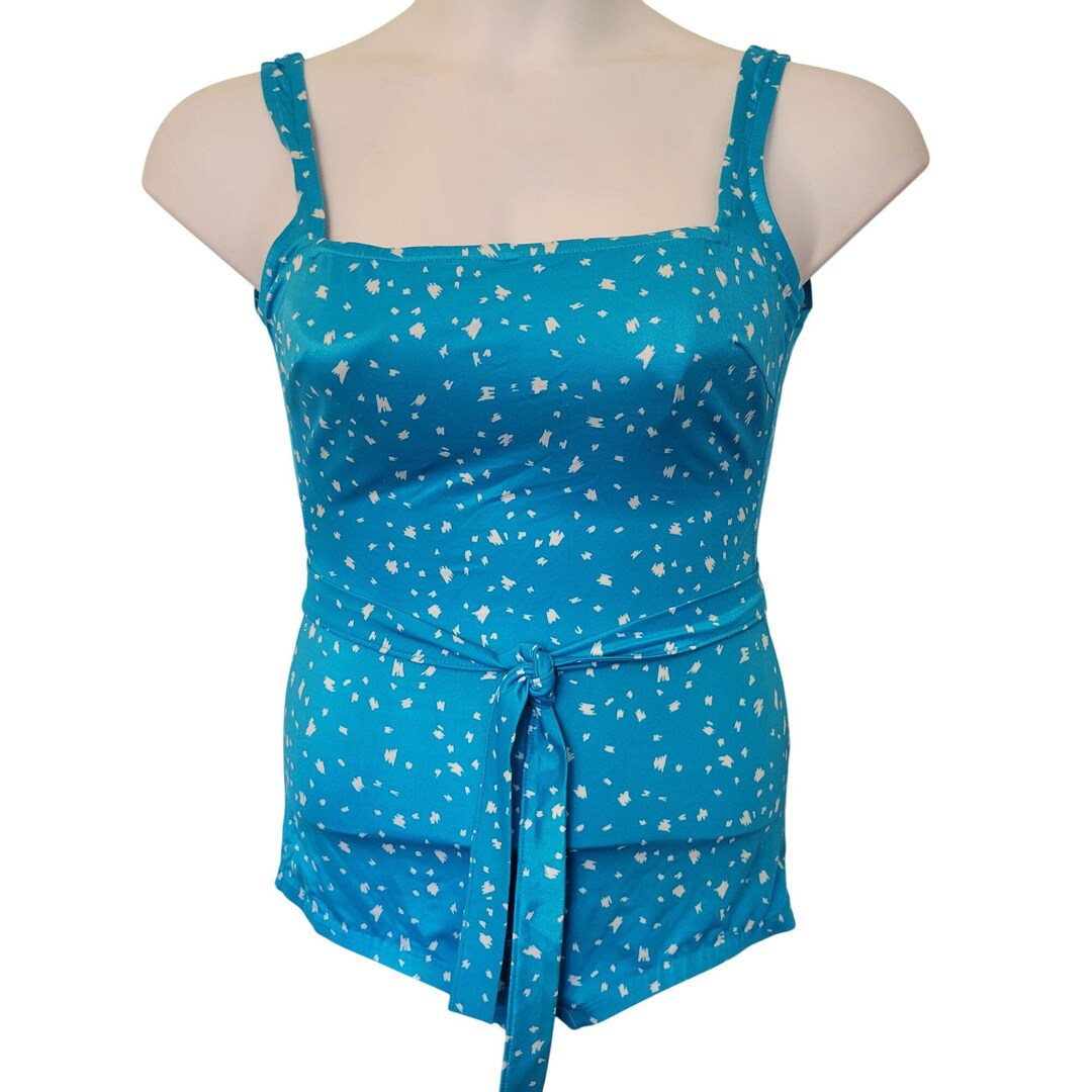 Vintage 1960S Blue White Abstract Print Swimsuit Belted Waist Square ...