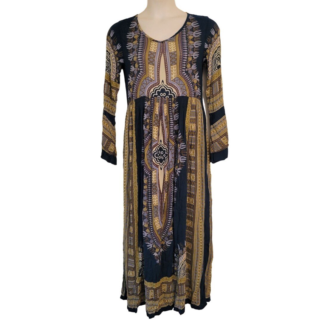 Earthbound Trading Boho Maxi Dress Ethnic Print Flared Sleeves M Blue ...