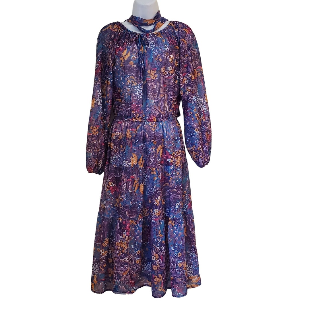 Montgomery Ward Vintage Purple Floral Belted Dress Semi Sheer Tiered ...