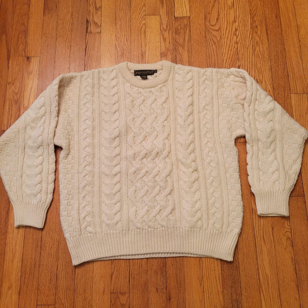 Vintage Inis Crafts Ireland Cable Knit Sweater Wool Unisex Cream Cozy ...
