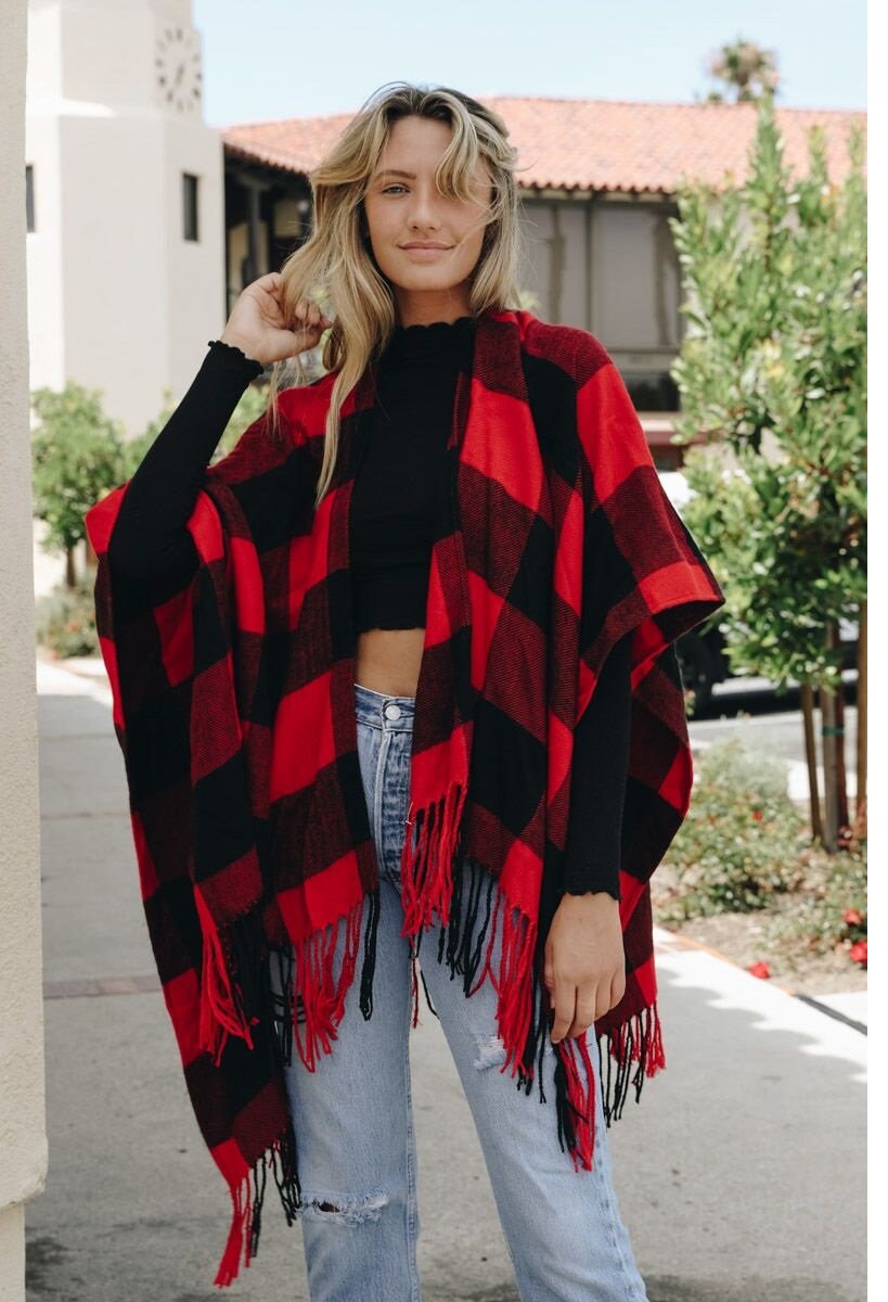 Poncho With Buffalo Checkers Woman's Poncho Black Red - Etsy