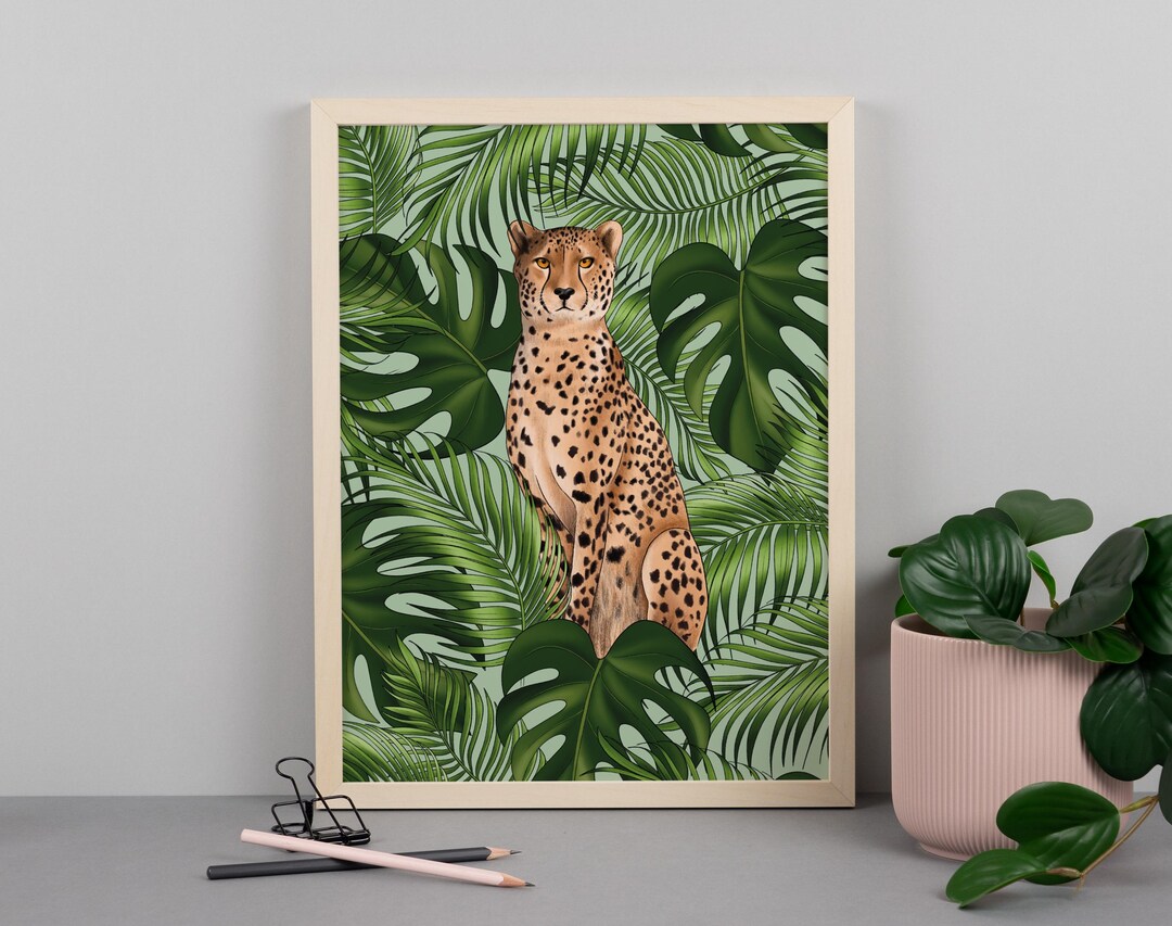 Cheetah and Leaves Big Cat Illustrated Art Print, Maximalist Style - Etsy