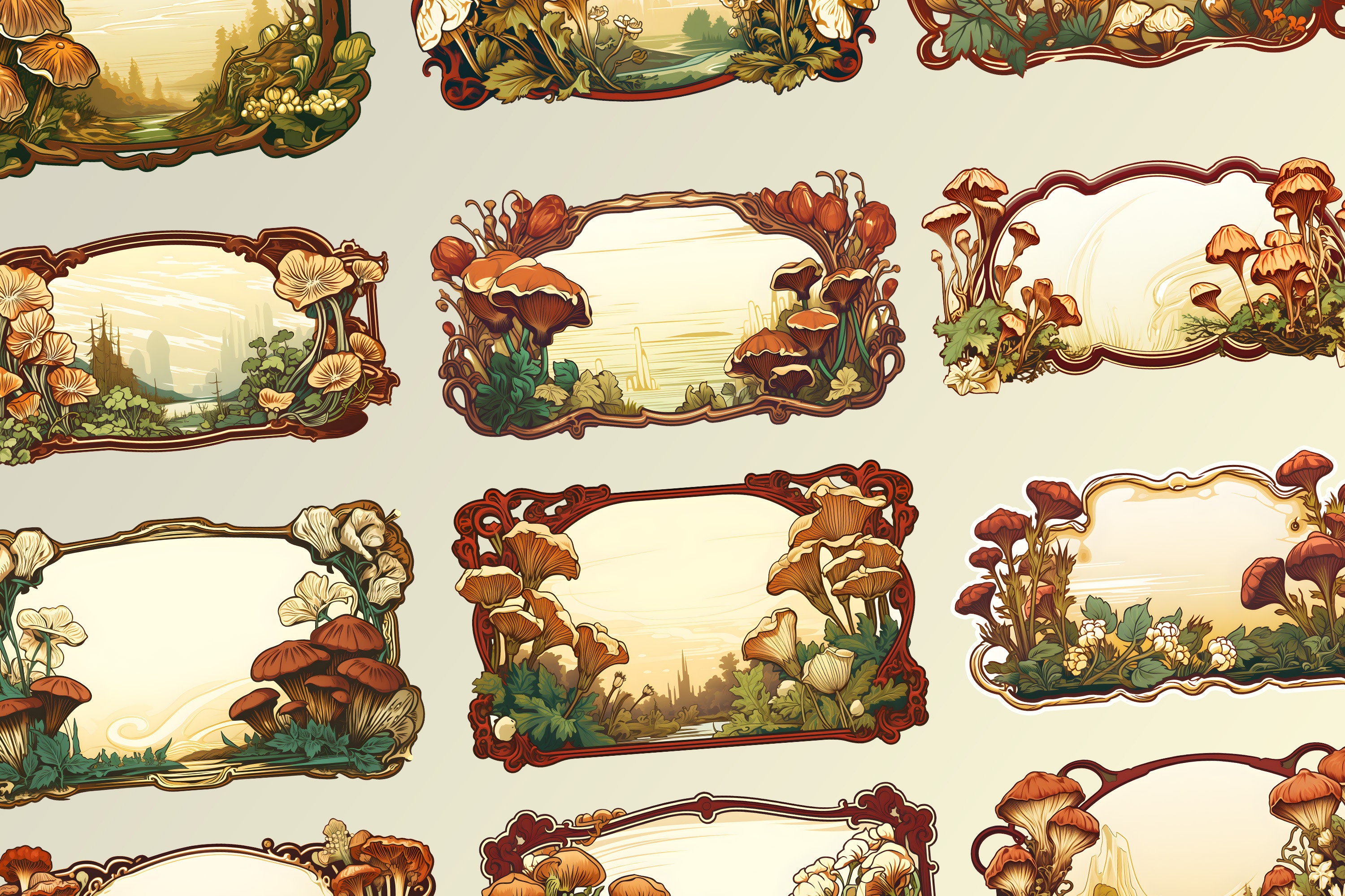 Mushrooms Labels Art Nouveau - Digital Illustration, Vintage Cover, PNG ...