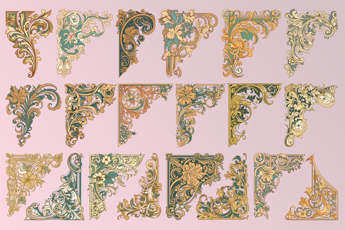 20 PNG Art Nouveau Corners Graphic Accents, Vector Illustration ...